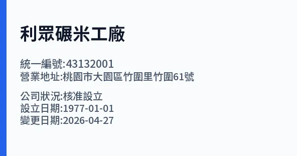 利眾碾米工廠的照片-統編 43132001(桃園市) 公司登記資料與營業項目詳細圖表