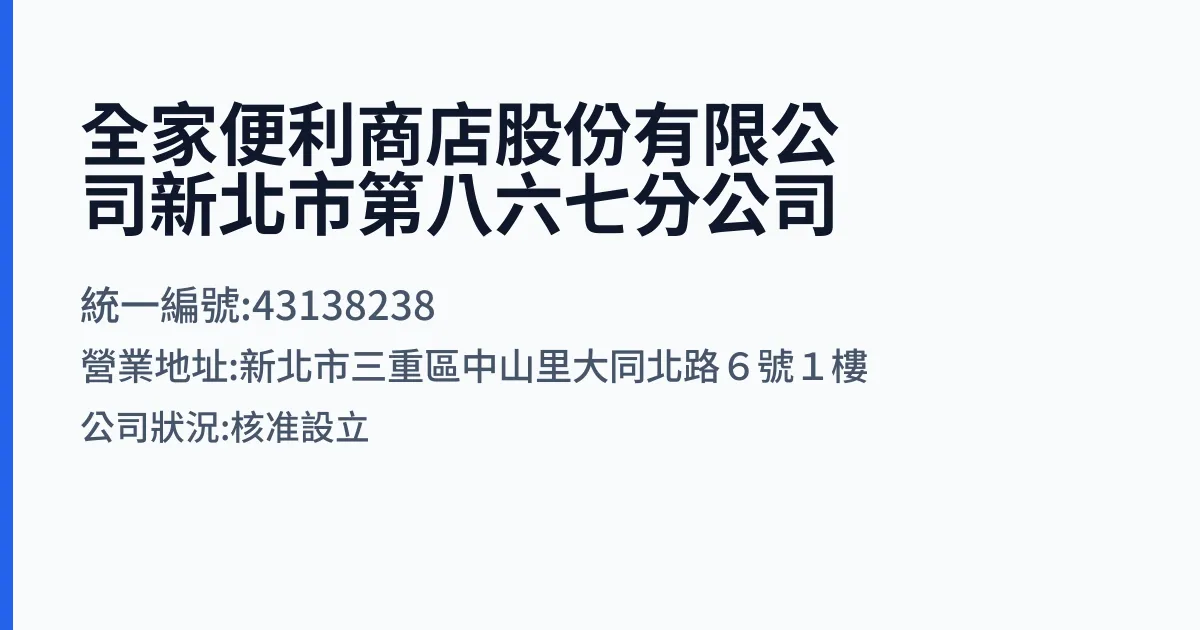 全家便利商店股份有限公司新北市第八六七分公司 - 統編 43138238(新北市) 公司登記資料與營業項目詳細圖表