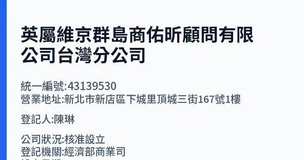 英屬維京群島商佑昕顧問有限公司台灣分公司的照片-統編 43139530(新北市) 公司登記資料與營業項目詳細圖表