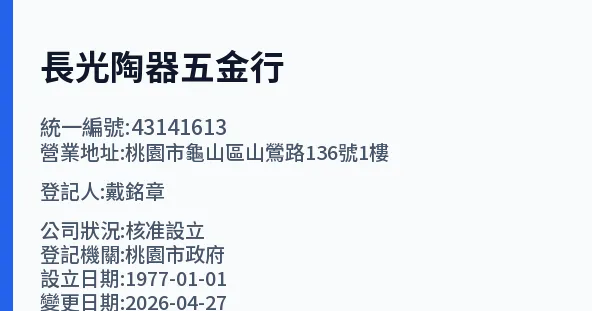 長光陶器五金行的照片-統編 43141613(桃園市) 公司登記資料與營業項目詳細圖表