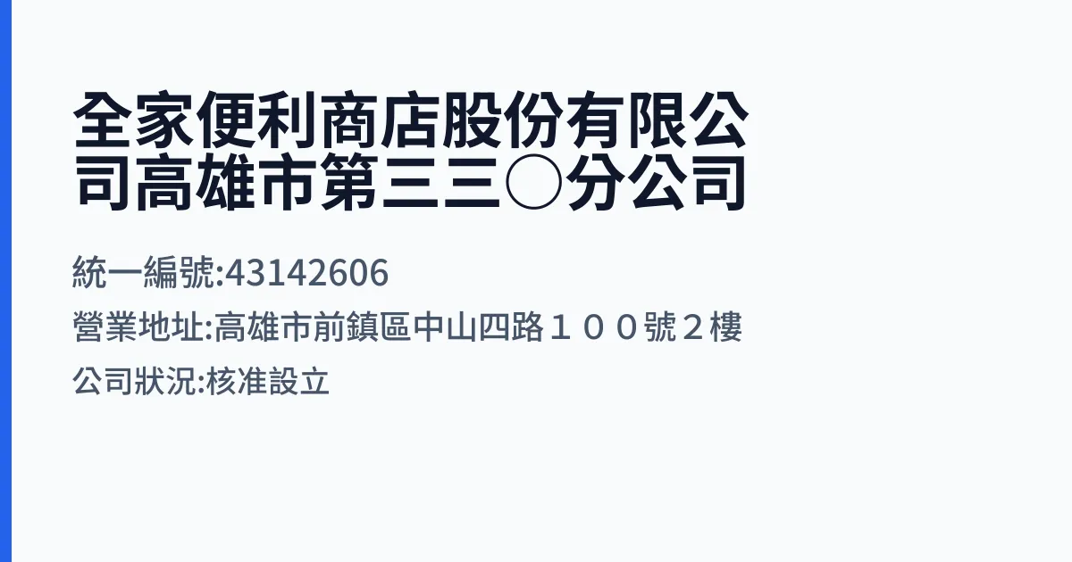 全家便利商店股份有限公司高雄市第三三○分公司 - 統編 43142606(高雄市) 公司登記資料與營業項目詳細圖表