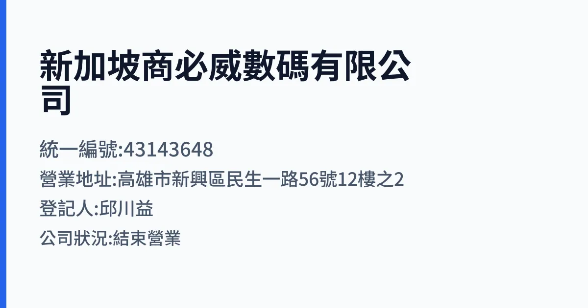 新加坡商必威數碼有限公司 - 統編 43143648(高雄市) 公司登記資料與營業項目詳細圖表