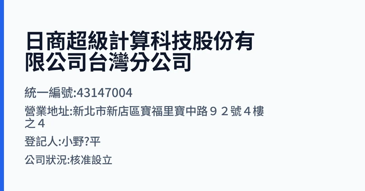 日商超級計算科技股份有限公司台灣分公司 - 統編 43147004(新北市) 公司登記資料與營業項目詳細圖表
