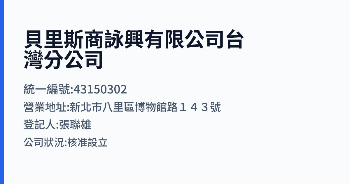 貝里斯商詠興有限公司台灣分公司 - 統編 43150302(新北市) 公司登記資料與營業項目詳細圖表