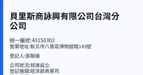 貝里斯商詠興有限公司台灣分公司的照片-統編 43150302(新北市) 公司登記資料與營業項目詳細圖表