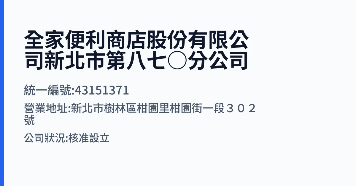 全家便利商店股份有限公司新北市第八七○分公司 - 統編 43151371(新北市) 公司登記資料與營業項目詳細圖表