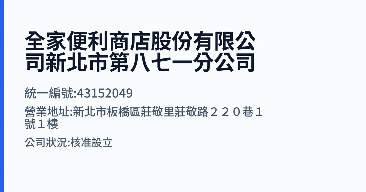 全家便利商店股份有限公司新北市第八七一分公司 - 統編 43152049(新北市) 公司登記資料與營業項目詳細圖表