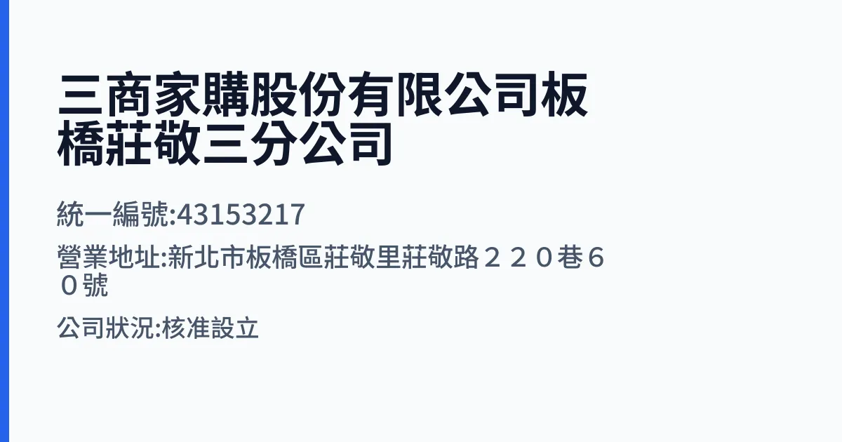 三商家購股份有限公司板橋莊敬三分公司 - 統編 43153217(新北市) 公司登記資料與營業項目詳細圖表