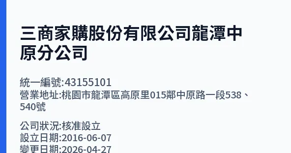 三商家購股份有限公司龍潭中原分公司的照片-統編 43155101(桃園市) 公司登記資料與營業項目詳細圖表