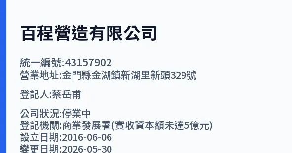 百程營造有限公司的照片-統編 43157902(金門縣) 公司登記資料與營業項目詳細圖表