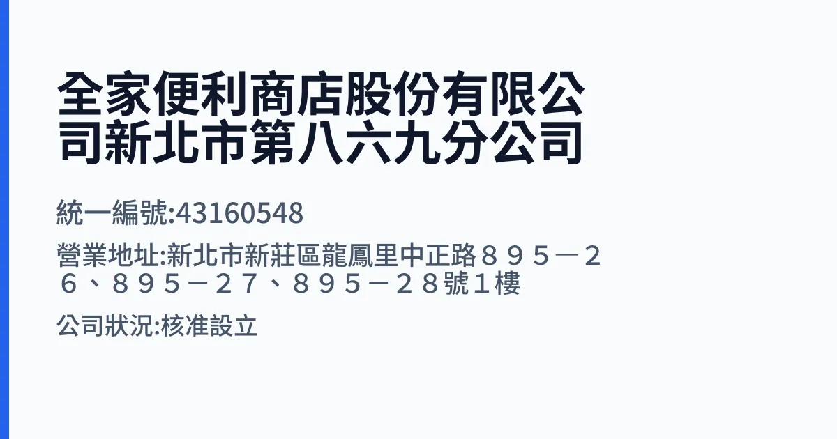 全家便利商店股份有限公司新北市第八六九分公司 - 統編 43160548(新北市) 公司登記資料與營業項目詳細圖表
