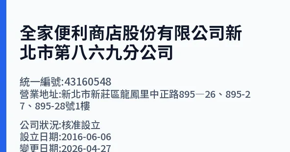 全家便利商店股份有限公司新北市第八六九分公司的照片-統編 43160548(新北市) 公司登記資料與營業項目詳細圖表
