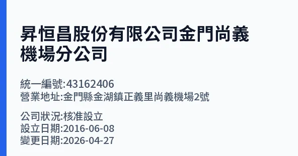 昇恒昌股份有限公司金門尚義機場分公司的照片-統編 43162406(金門縣) 公司登記資料與營業項目詳細圖表