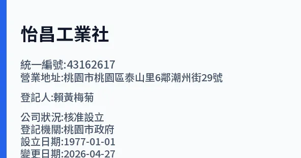 怡昌工業社的照片-統編 43162617(桃園市) 公司登記資料與營業項目詳細圖表