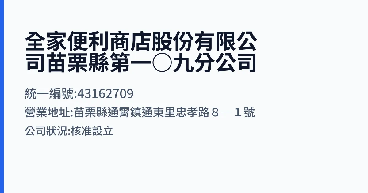 全家便利商店股份有限公司苗栗縣第一○九分公司 - 統編 43162709(苗栗縣) 公司登記資料與營業項目詳細圖表