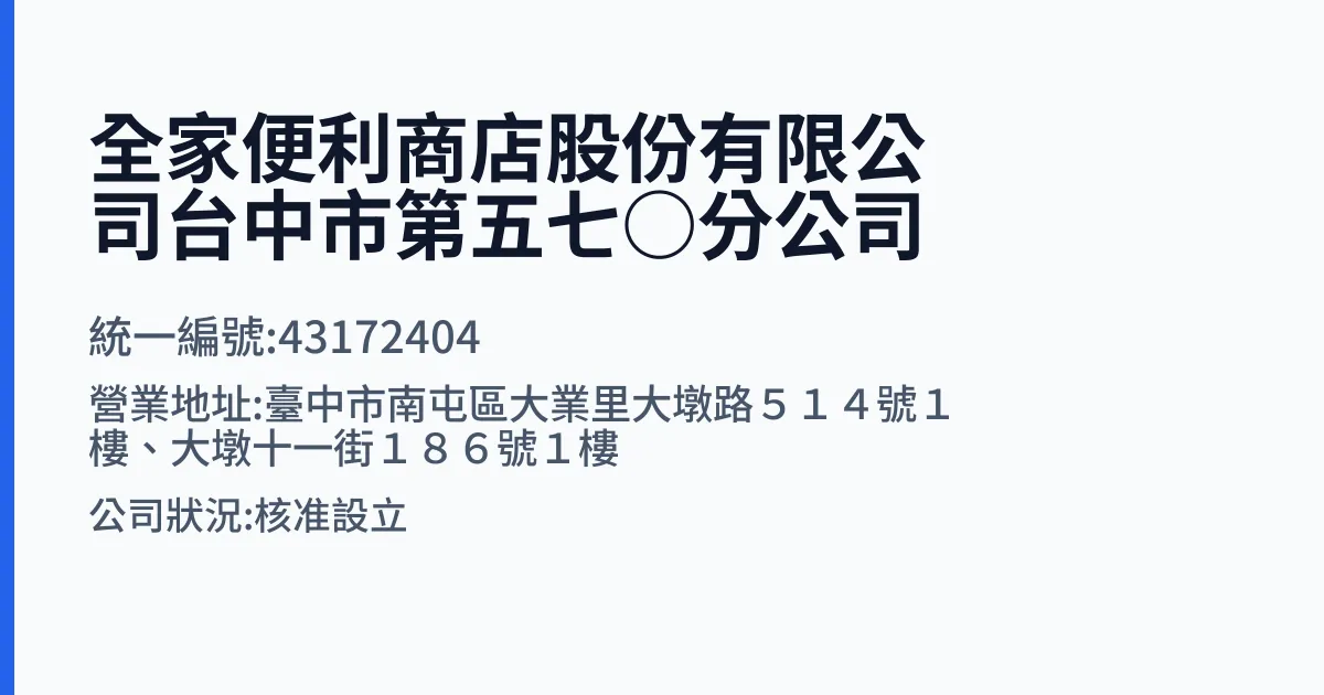 全家便利商店股份有限公司台中市第五七○分公司 - 統編 43172404(臺中市) 公司登記資料與營業項目詳細圖表
