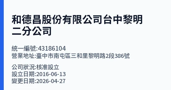 和德昌股份有限公司台中黎明二分公司的照片-統編 43186104(臺中市) 公司登記資料與營業項目詳細圖表