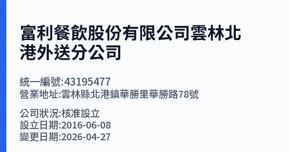 富利餐飲股份有限公司雲林北港外送分公司的照片-統編 43195477(雲林縣) 公司登記資料與營業項目詳細圖表