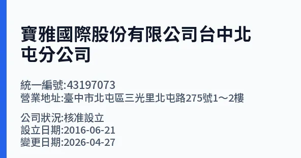 寶雅國際股份有限公司台中北屯分公司的照片-統編 43197073(臺中市) 公司登記資料與營業項目詳細圖表