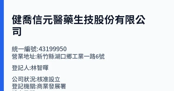 健喬信元醫藥生技股份有限公司的照片-統編 43199950(新竹縣) 公司登記資料與營業項目詳細圖表