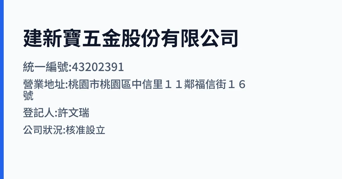 建新寶五金股份有限公司 - 統編 43202391（桃園市） 公司登記資料與營業項目詳細圖表