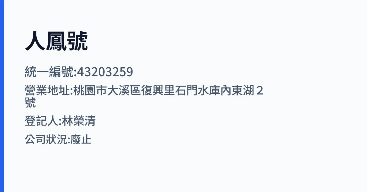 人鳳號 - 統編 43203259(桃園市) 公司登記資料與營業項目詳細圖表