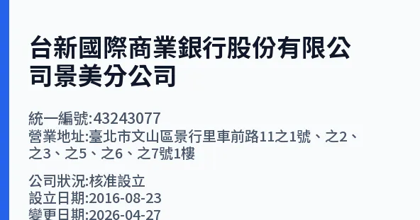 台新國際商業銀行股份有限公司景美分公司的照片-統編 43243077(臺北市) 公司登記資料與營業項目詳細圖表