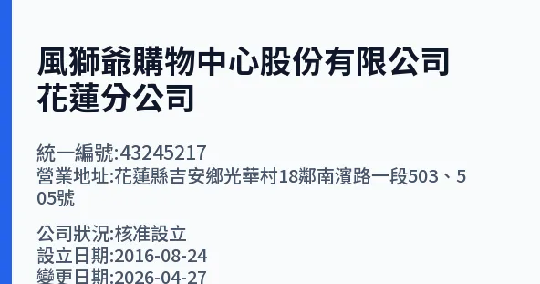 風獅爺購物中心股份有限公司花蓮分公司的照片-統編 43245217(花蓮縣) 公司登記資料與營業項目詳細圖表