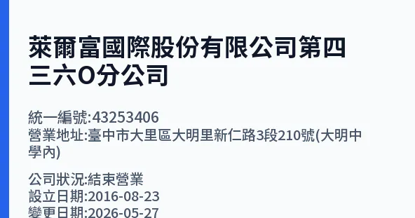 萊爾富國際股份有限公司第四三六O分公司的照片-統編 43253406(臺中市) 公司登記資料與營業項目詳細圖表