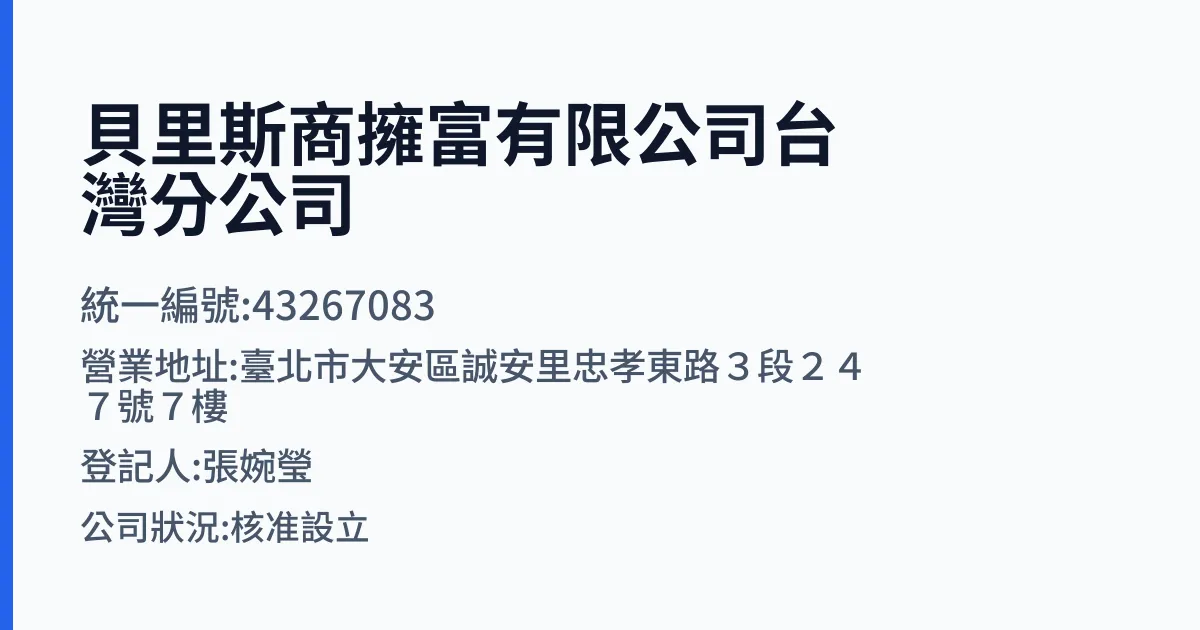 貝里斯商擁富有限公司台灣分公司 - 統編 43267083(臺北市) 公司登記資料與營業項目詳細圖表