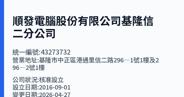 順發電腦股份有限公司基隆信二分公司的照片-統編 43273732(基隆市) 公司登記資料與營業項目詳細圖表