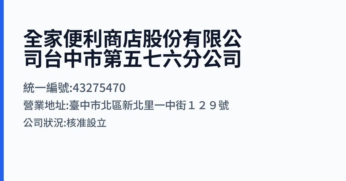 全家便利商店股份有限公司台中市第五七六分公司 - 統編 43275470(臺中市) 公司登記資料與營業項目詳細圖表