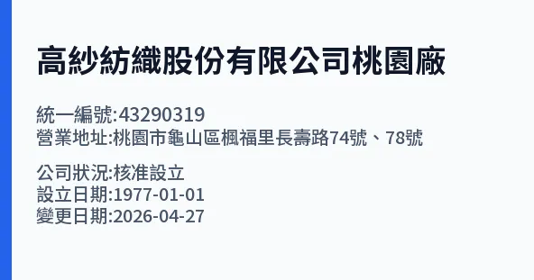高紗紡織股份有限公司桃園廠的照片-統編 43290319(桃園市) 公司登記資料與營業項目詳細圖表