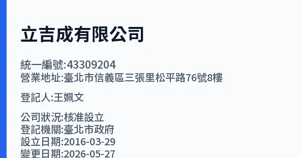 立吉成有限公司的照片-統編 43309204(臺北市) 公司登記資料與營業項目詳細圖表