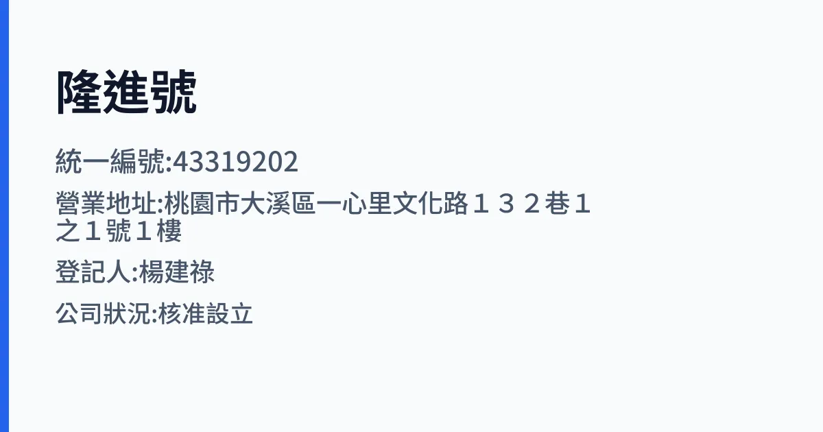 隆進號 - 統編 43319202(桃園市) 公司登記資料與營業項目詳細圖表