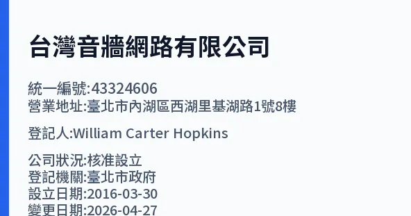 台灣音牆網路有限公司的照片-統編 43324606(臺北市) 公司登記資料與營業項目詳細圖表