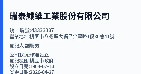 瑞泰纖維工業股份有限公司的照片-統編 43333387(桃園市) 公司登記資料與營業項目詳細圖表