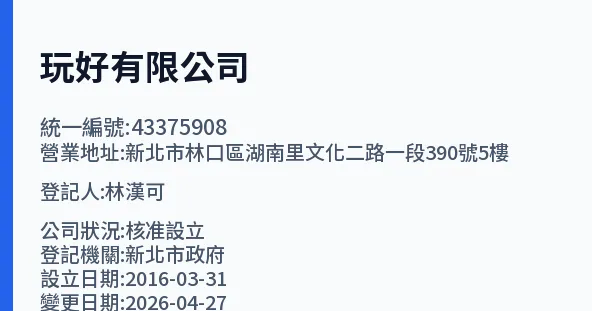 玩好有限公司的照片-統編 43375908(新北市) 公司登記資料與營業項目詳細圖表