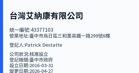 台灣艾納康有限公司的照片-統編 43377103(臺中市) 公司登記資料與營業項目詳細圖表