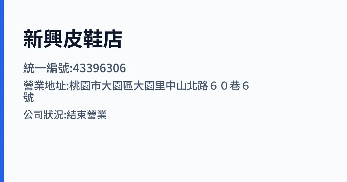 新興皮鞋店 - 統編 43396306(桃園市) 公司登記資料與營業項目詳細圖表