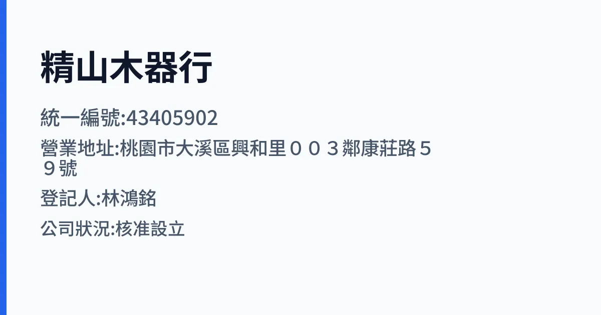 精山木器行 - 統編 43405902(桃園市) 公司登記資料與營業項目詳細圖表
