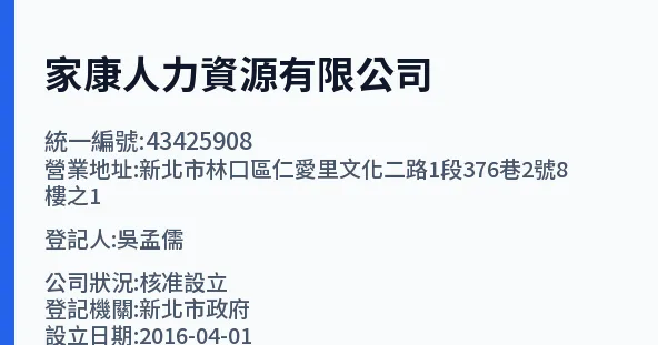 家康人力資源有限公司的照片-統編 43425908(新北市) 公司登記資料與營業項目詳細圖表