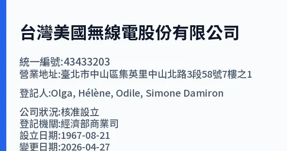 台灣美國無線電股份有限公司的照片-統編 43433203(臺北市) 公司登記資料與營業項目詳細圖表