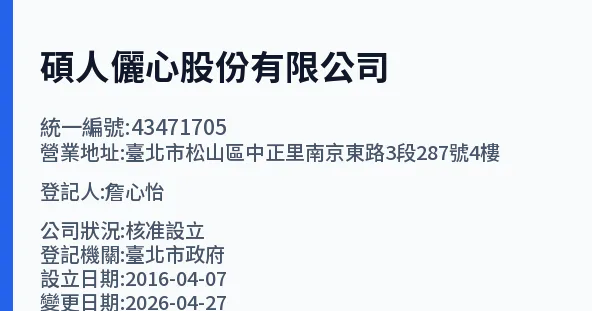 碩人儷心股份有限公司的照片-統編 43471705(臺北市) 公司登記資料與營業項目詳細圖表