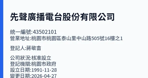 先聲廣播電台股份有限公司的照片-統編 43502101(桃園市) 公司登記資料與營業項目詳細圖表