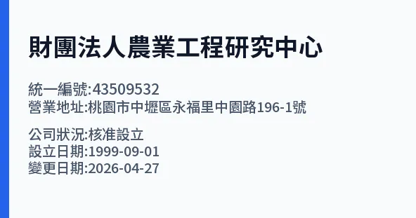 財團法人農業工程研究中心的照片-統編 43509532(桃園市) 公司登記資料與營業項目詳細圖表