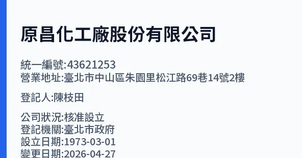 原昌化工廠股份有限公司的照片-統編 43621253(臺北市) 公司登記資料與營業項目詳細圖表
