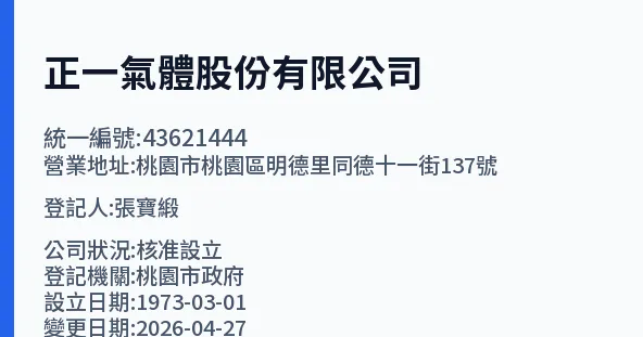 正一氣體股份有限公司的照片-統編 43621444(桃園市) 公司登記資料與營業項目詳細圖表