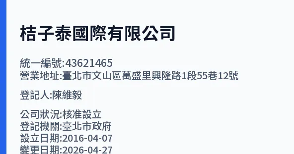 桔子泰國際有限公司的照片-統編 43621465(臺北市) 公司登記資料與營業項目詳細圖表