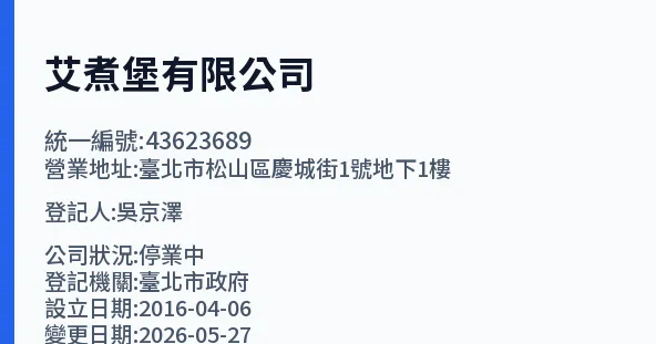 艾煮堡有限公司的照片-統編 43623689(臺北市) 公司登記資料與營業項目詳細圖表